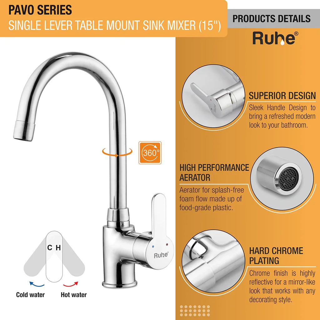 Pavo Single Lever Table-Mount Sink Mixer with Medium (15 Inches) Round Swivel Spout Brass Faucet ...