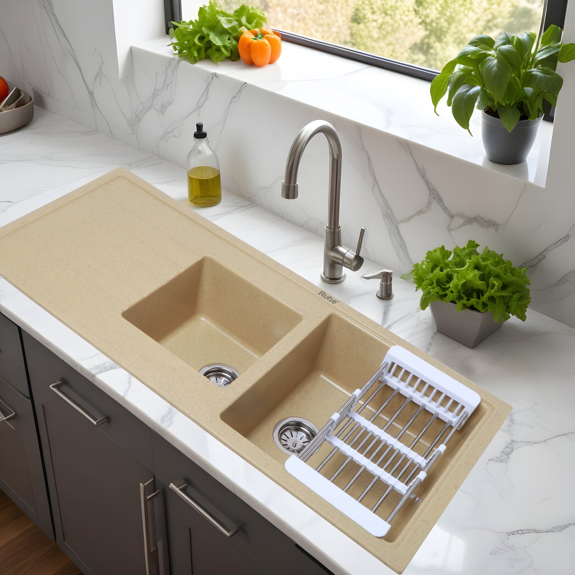 Quartz Double Bowl with Drainboard Kitchen Sink Choco Brown (45 x 20 x ...