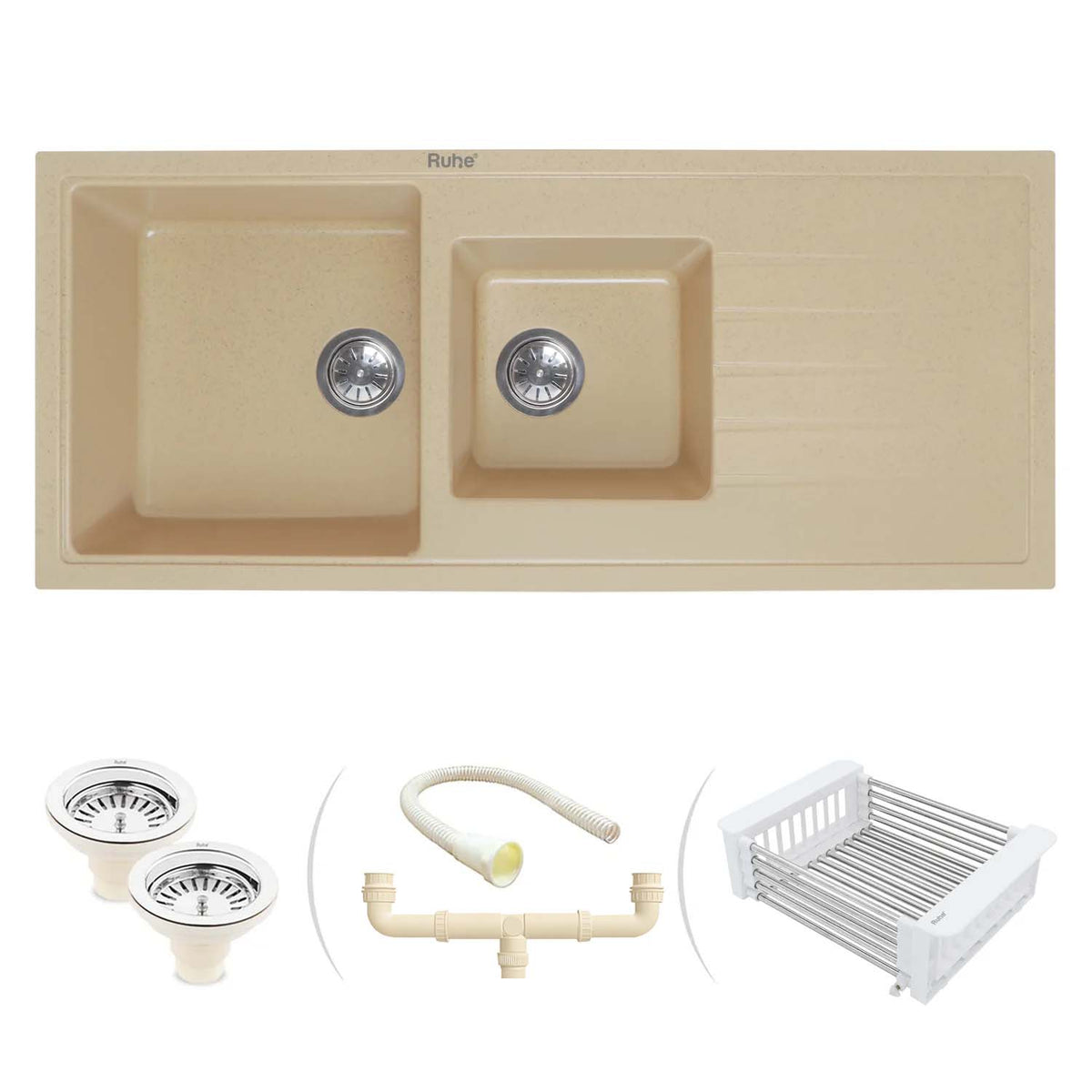 Quartz Double Bowl with Drainboard Kitchen Sink Choco Brown (45 x 20 x ...