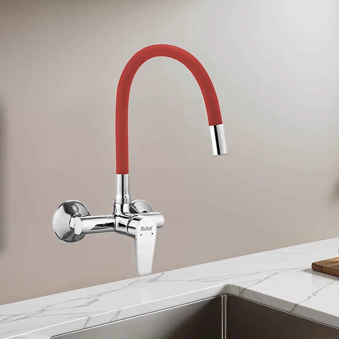 Elixir Single Lever Wall-mount Kitchen Sink Mixer Tap with Red Silicon ...