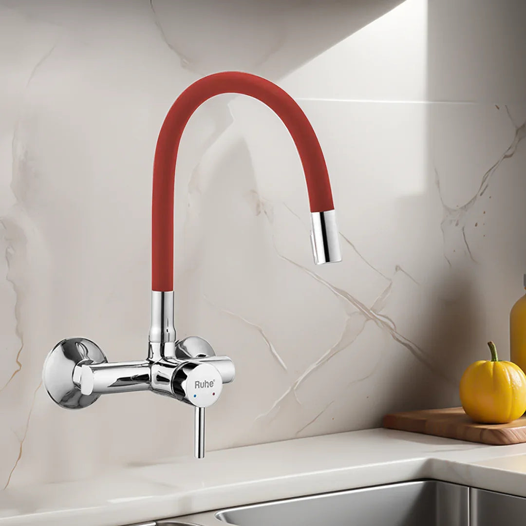 Kara Single Lever Wall-mount Kitchen Sink Mixer Tap with Red Silicone ...