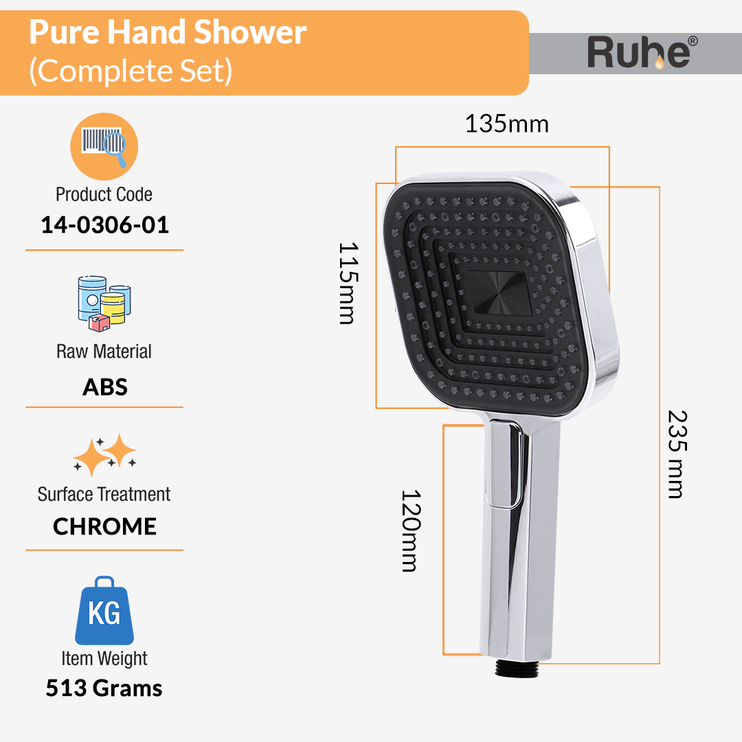 Pure ABS Multi-flow Hand Shower with Flexible Tube (304-SS) and Hook ...