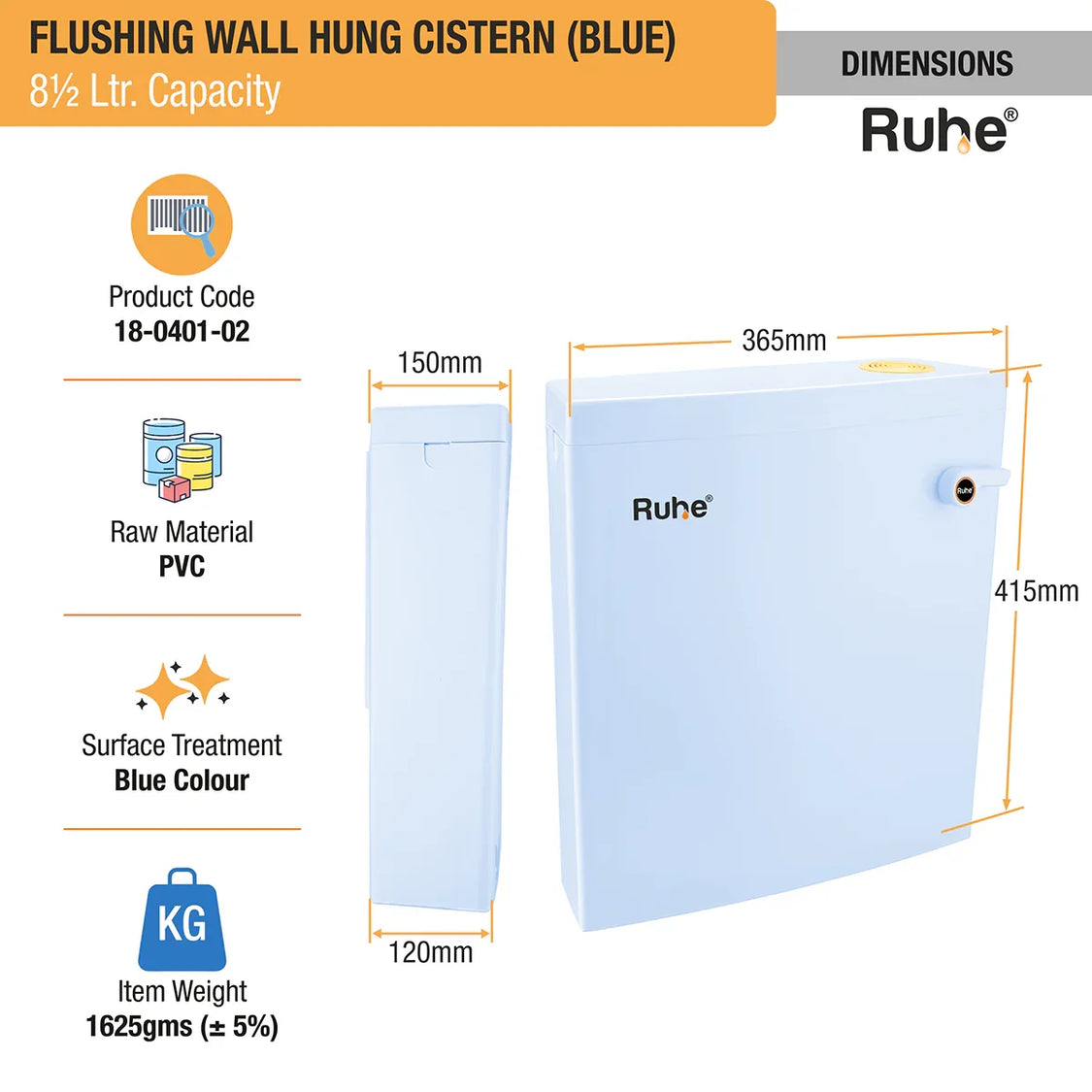 Flushing Wall Hung Cistern 8.5 Ltr. ( Blue) - by Ruhe® – Ruhe