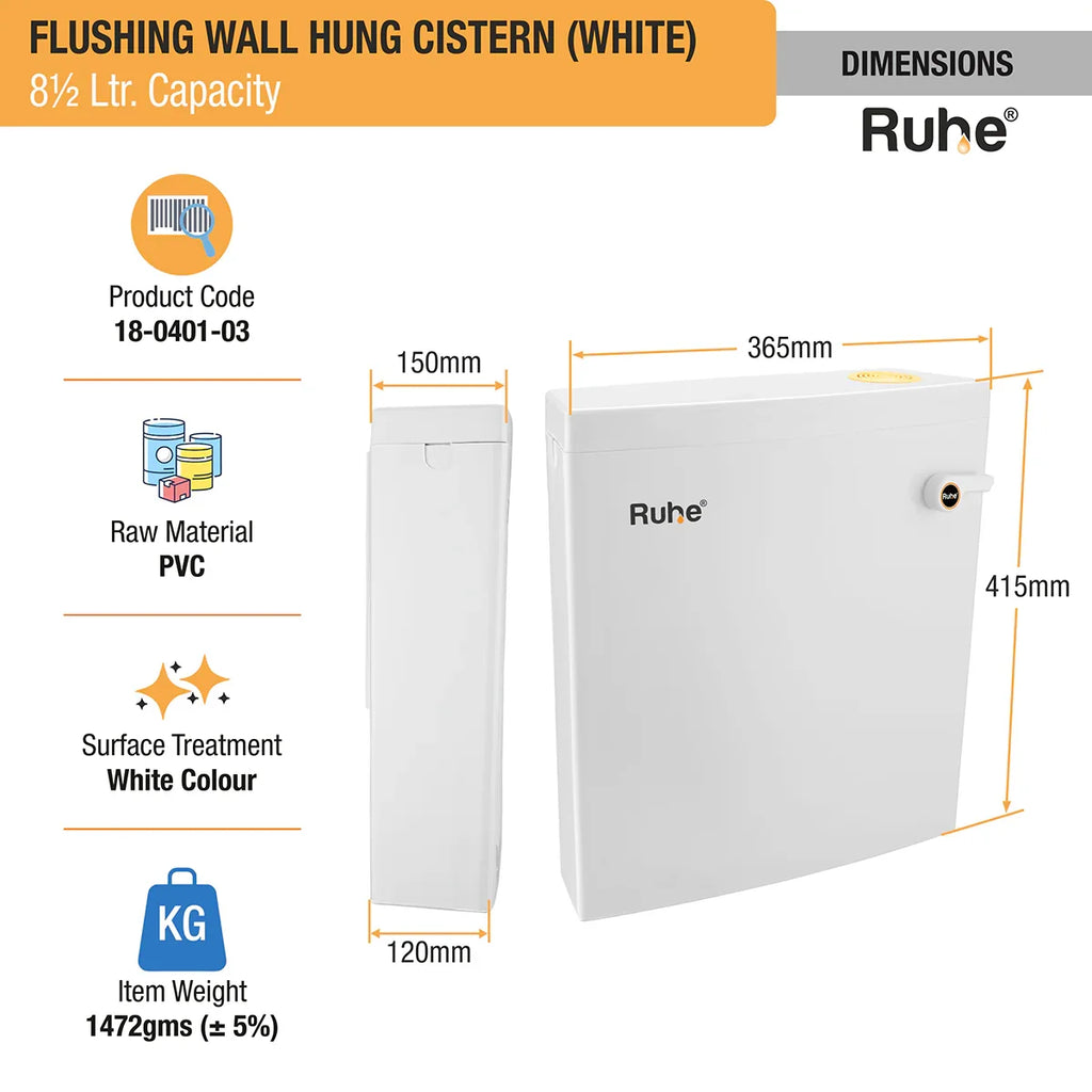 Flushing Wall Hung Cistern 8.5 Ltr. (White) - by Ruhe® – Ruhe